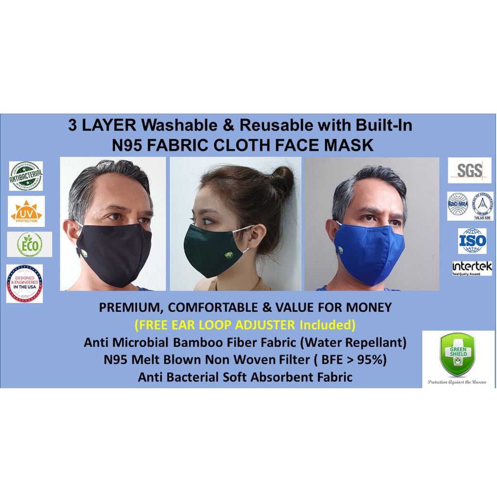 GREEN SHIELD Premium N95 Fabric Reusable Washable AntiBacterial 3-Layer ...