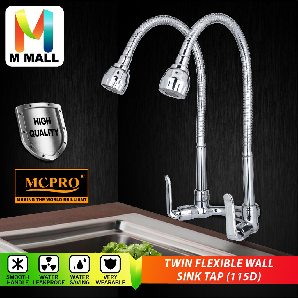 MCPRO GLOSS FINISHED KITCHEN FAUCET TWIN FLEXIBLE WALL SINK TAP (115D ...