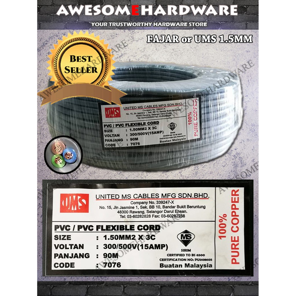 (1 METER) UMS 1.5MM x 3CORE HEAVY DUTY FULL COPPER SIRIM ELECTRIC CABLE ...