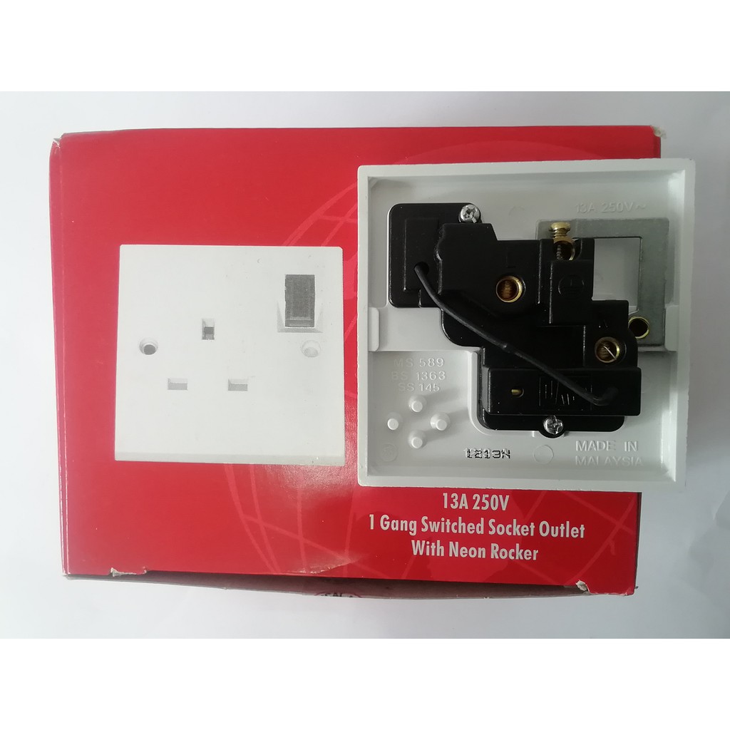 UMS 13A 250V 1 gang switched socket outlet with neon rocker neon light ...
