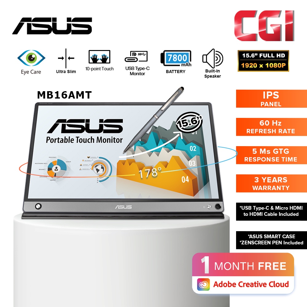 Asus ZenScreen Touch MB16AMT 15.6" IPS FHD Ultraslim Lightweight USB C ...