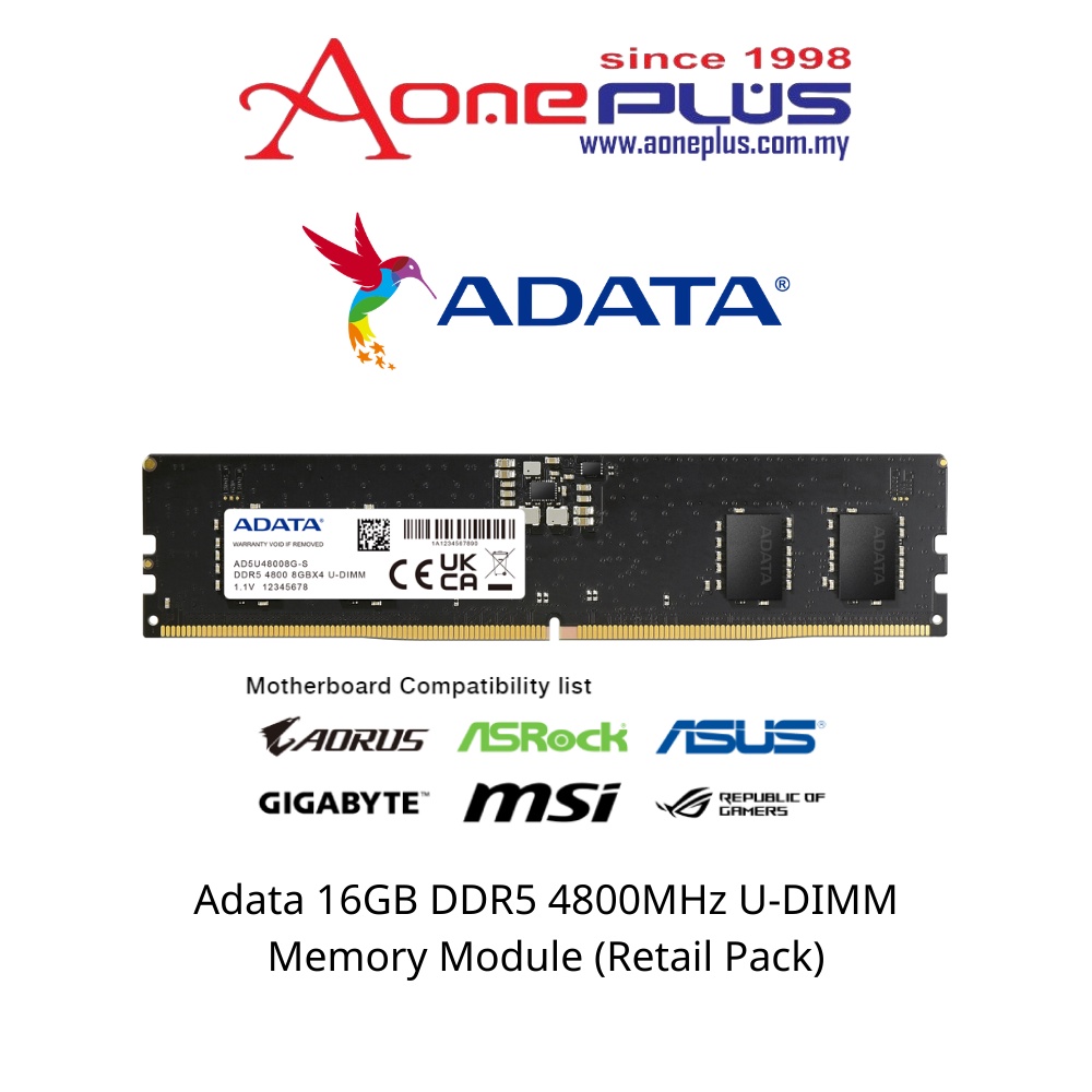 (AONE PLUS SS2) Adata 16GB DDR5 4800MHz U-DIMM Memory Module (AD5U480016G-S) | Shopee Malaysia
