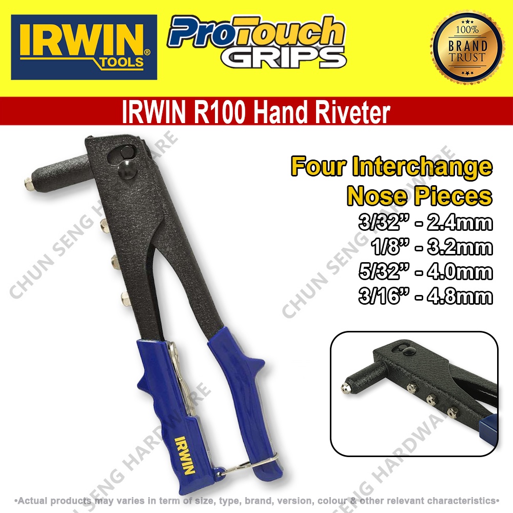 IRWIN R100 Hand Riveter Rivet Gun with Four Interchange Nose Pieces 4 ...