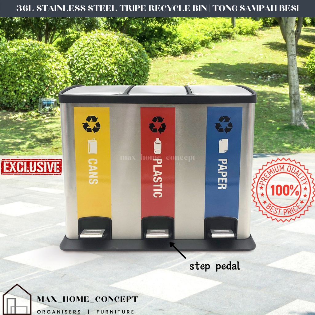 36L STAINLESS STEEL STEP PEDAL DUSTBIN | TONG SAMPAH | KITCHEN BIN ...