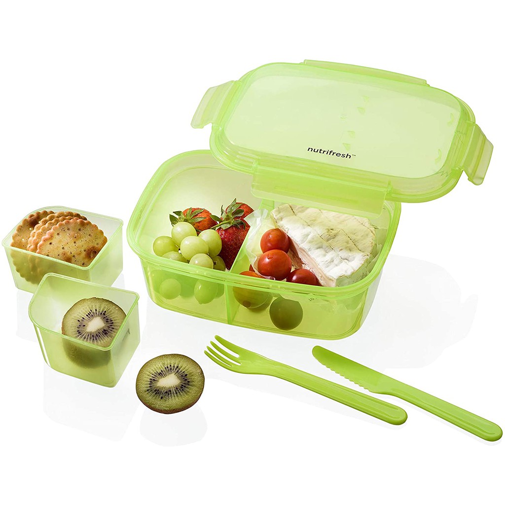 Nutrifresh To Go - Plastic Split Lunch Box with Cutlery Set - Clip on ...
