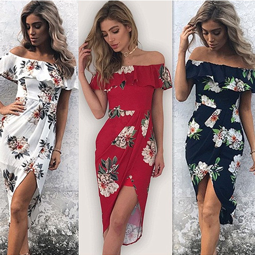 Women Off Shoulder Floral Printed Split Dresses Ruffle Summer Beach ...