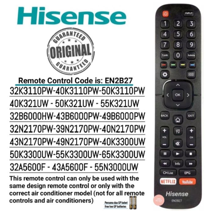 Hisense EN2B27 Smart Led Flat Panel TV Remote Control with Youtube ...