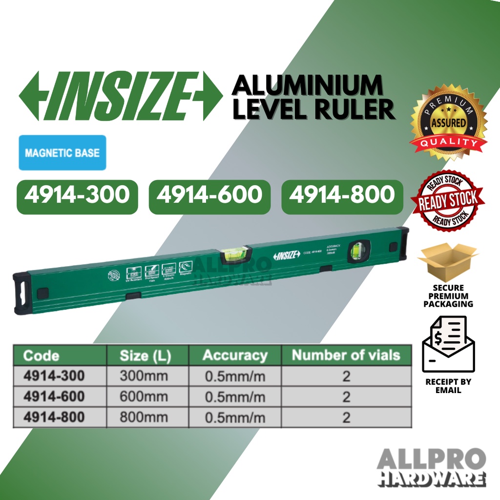 INSIZE 300mm / 600mm / 800mm Aluminium Spirit Level Ruler Measurement ...