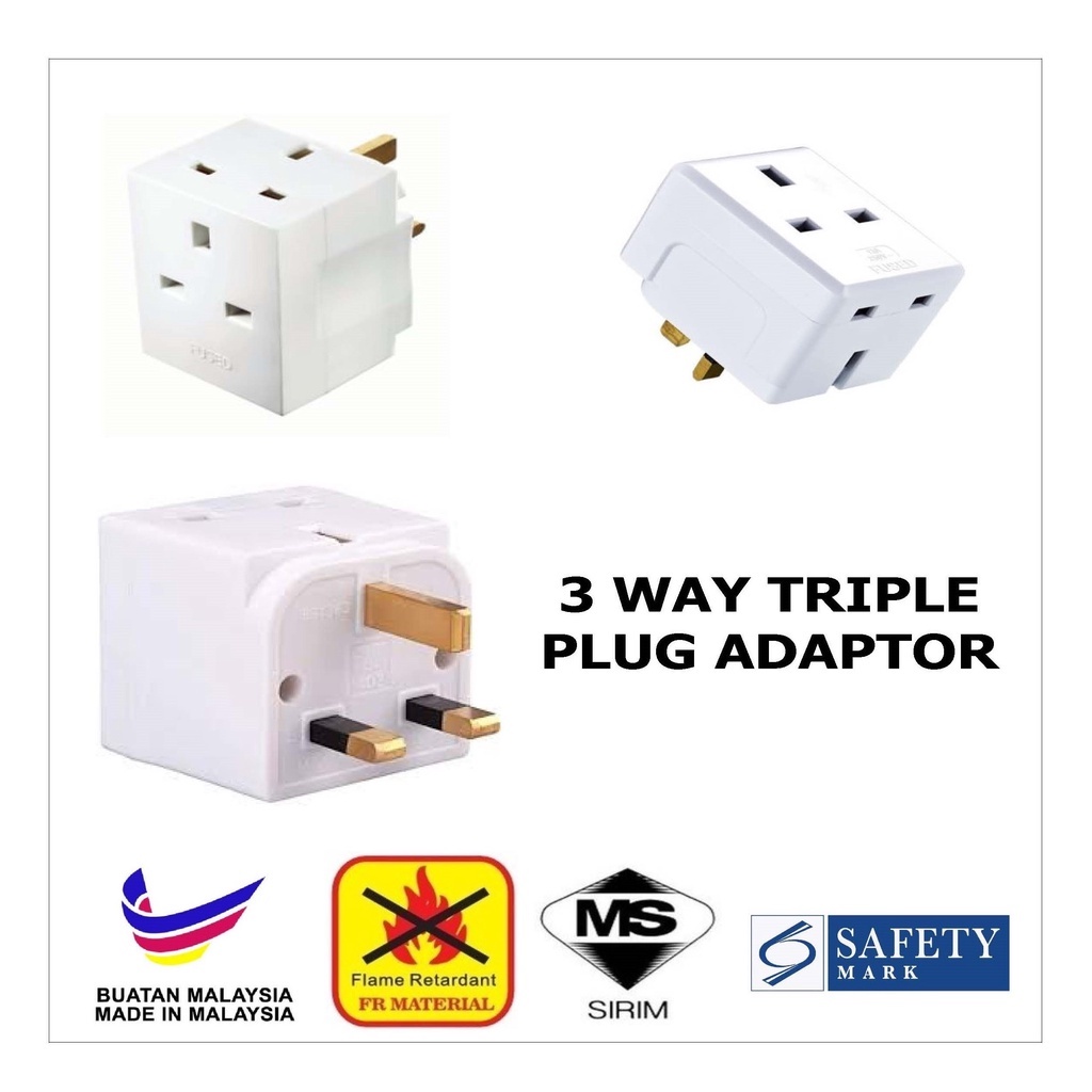 3 Way Triple Plug Adaptor/ Power Extender Multiplug Block 13A -White ...