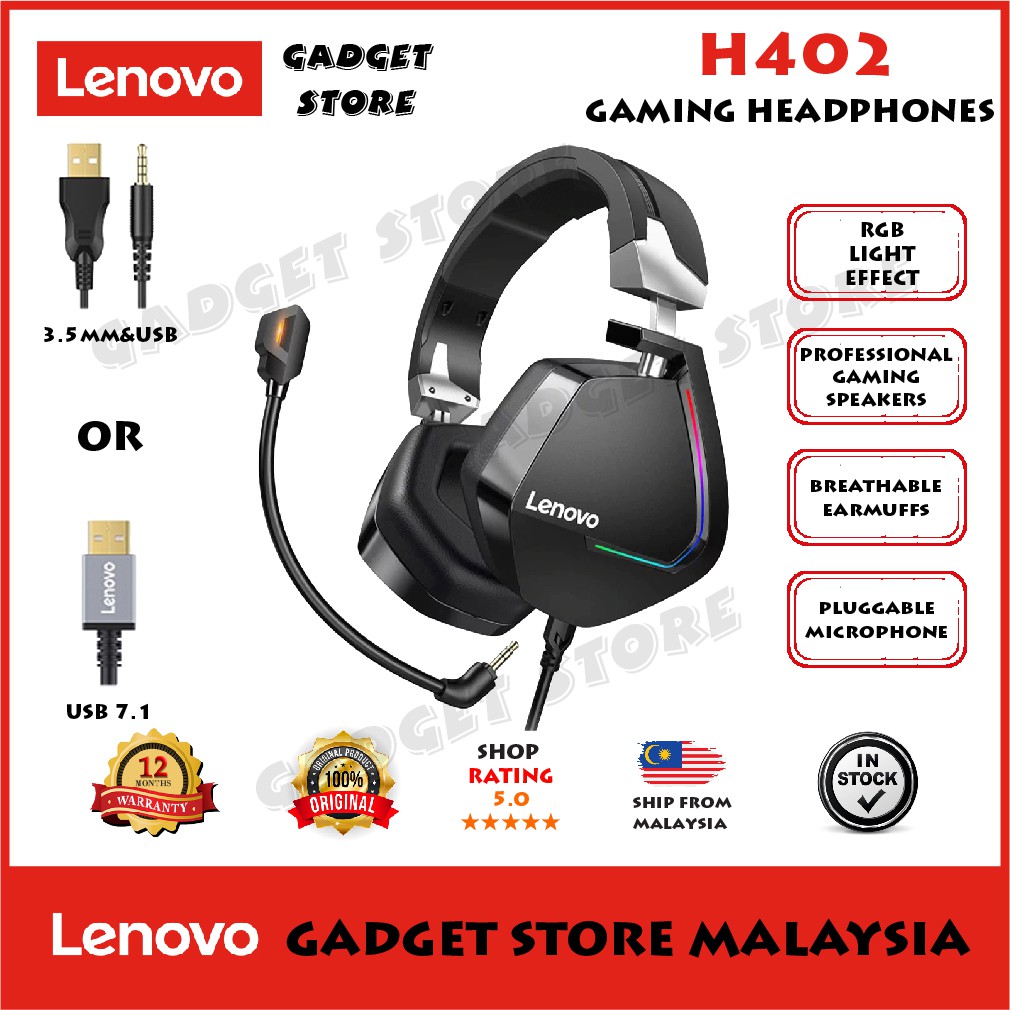 Lenovo H402 Gaming Headset Wired Earphones Surround Sound RGB Colourful Light Deep bass in-ear ...