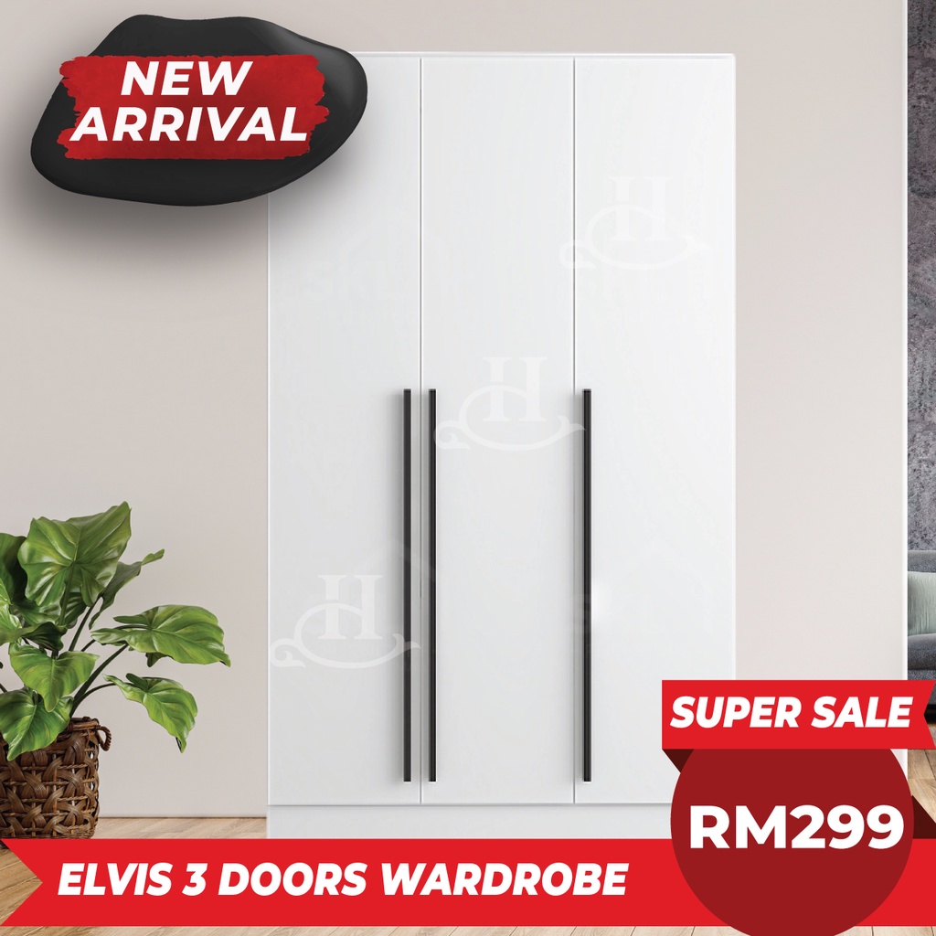 SMASIS ELVIS 3 Doors Wardrobe with Shelf / Kabinet Baju / Putih ...