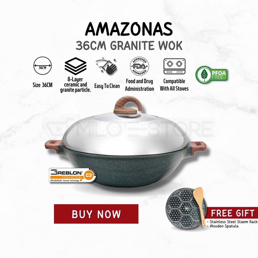 iGOZO AMAZONAS Non Stick Premium Granite 36CMWok Kitchen Cookware With ...