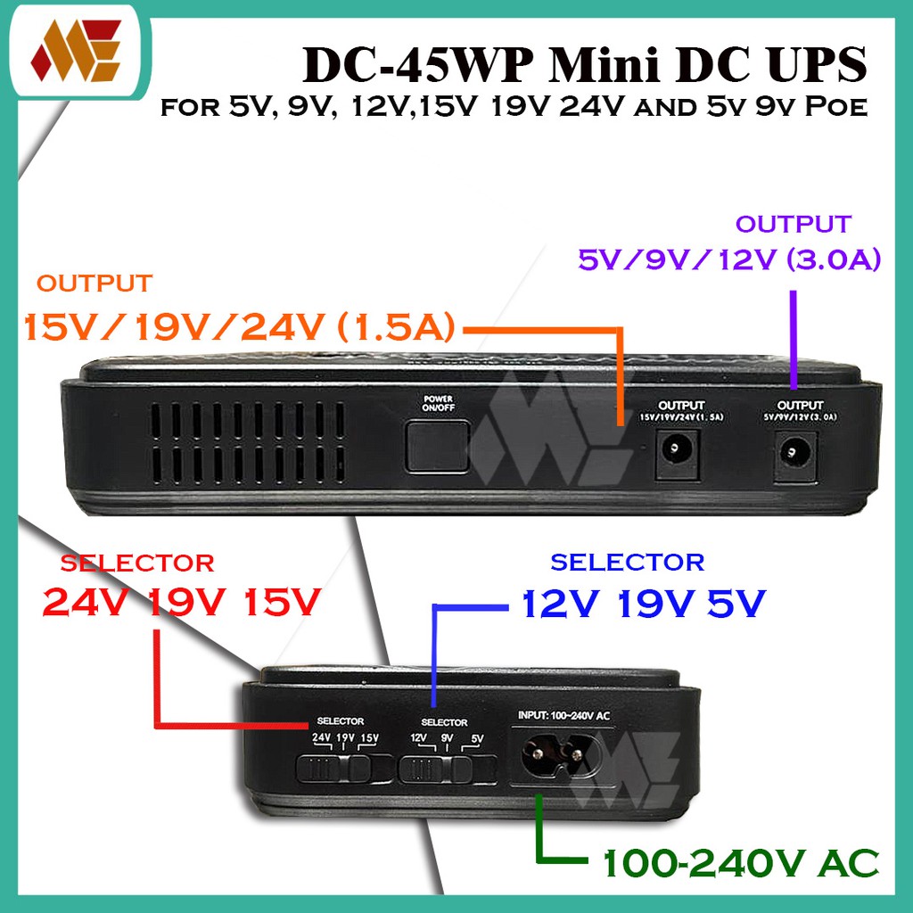 DC-45WP Mini Portable DC UPS / DC Power Station with 5V, 9V, 12V,15V ...