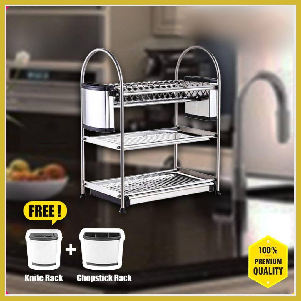 3 Tier Stainless Steel Kitchen Dish Rack Drainer Rak Pinggan Pengering ...