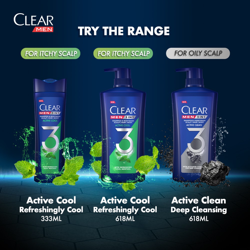 Clear Men 3in1 Shampoo & Body Wash Active Clean 333ml/618ml | Shopee ...