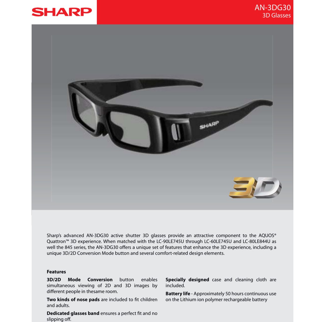 Sharp AN-3DG30 Active 3D Specs Glasses Rechargeable | Shopee Malaysia