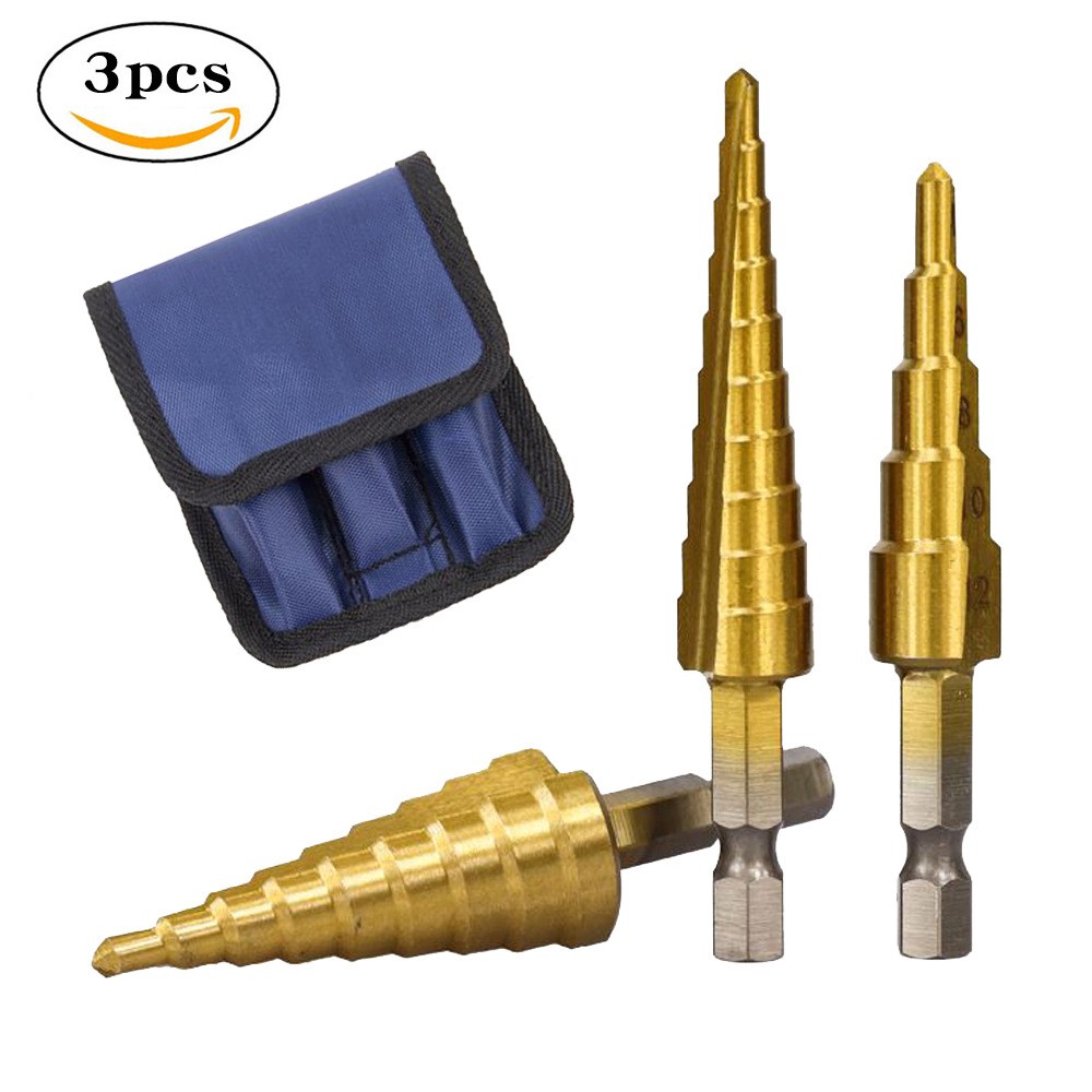 3PC Drill Bit HSS Titanium Coated Hex Shank Step Drill bit set cone ...