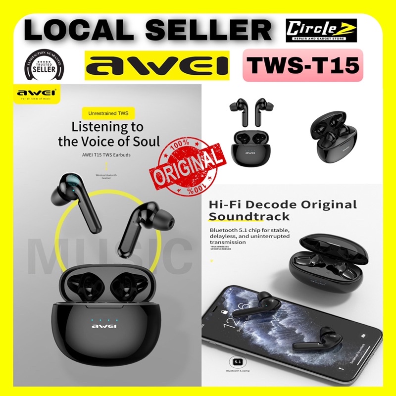 (ORIGINAL) Awei T15 Bluetooth Earphone V5.0 Mini Touch Waterproof ...