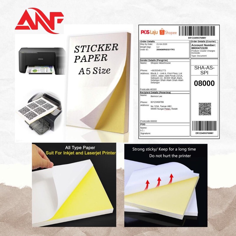 50/100pcs A5 Shipping / label Sticker Paper AWB Poslaju DHL J&T lazada ...