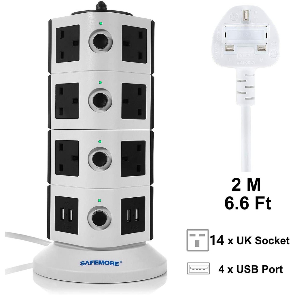 SAFEMORE Tower Extension Lead Individually Switched Plug Socket 14 ...