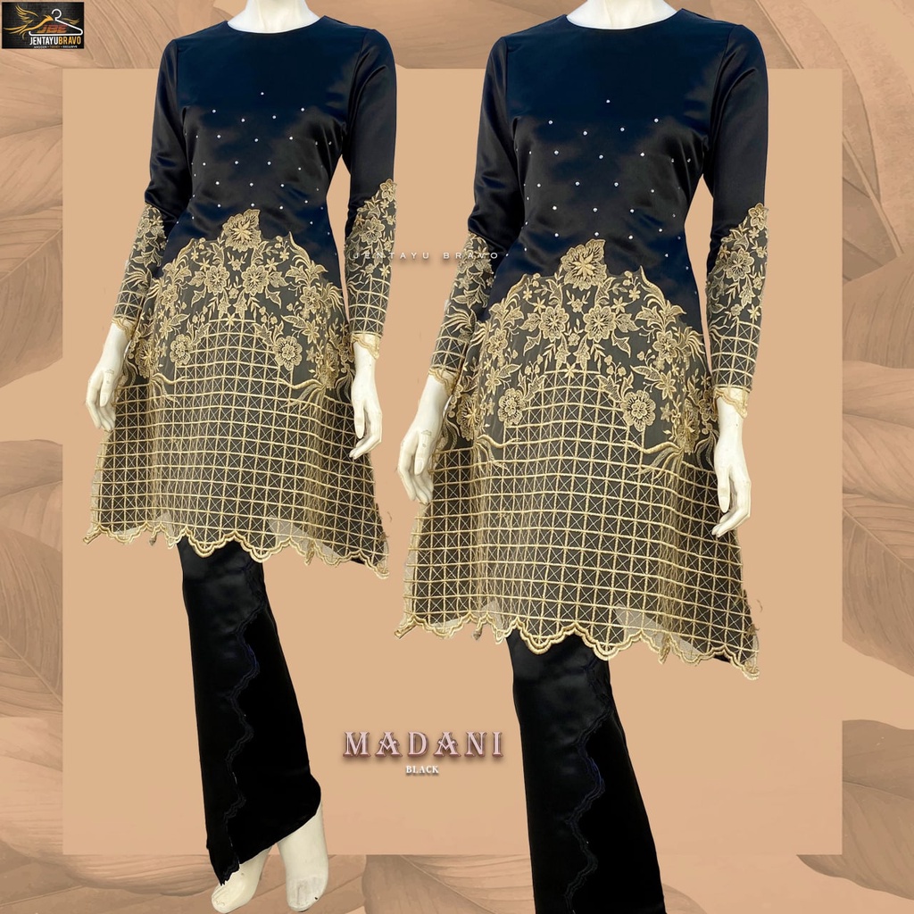Baju Kurung Modern Moden MADANI Satin Duchess Lace Maharani Border Raya ...