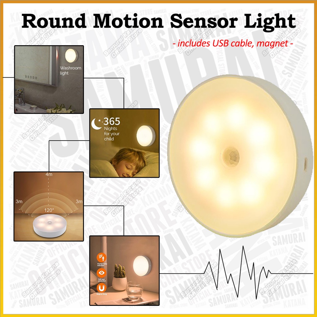Round Motion Sensor Light LED Night Rechargeable Battery Powered Closet ...