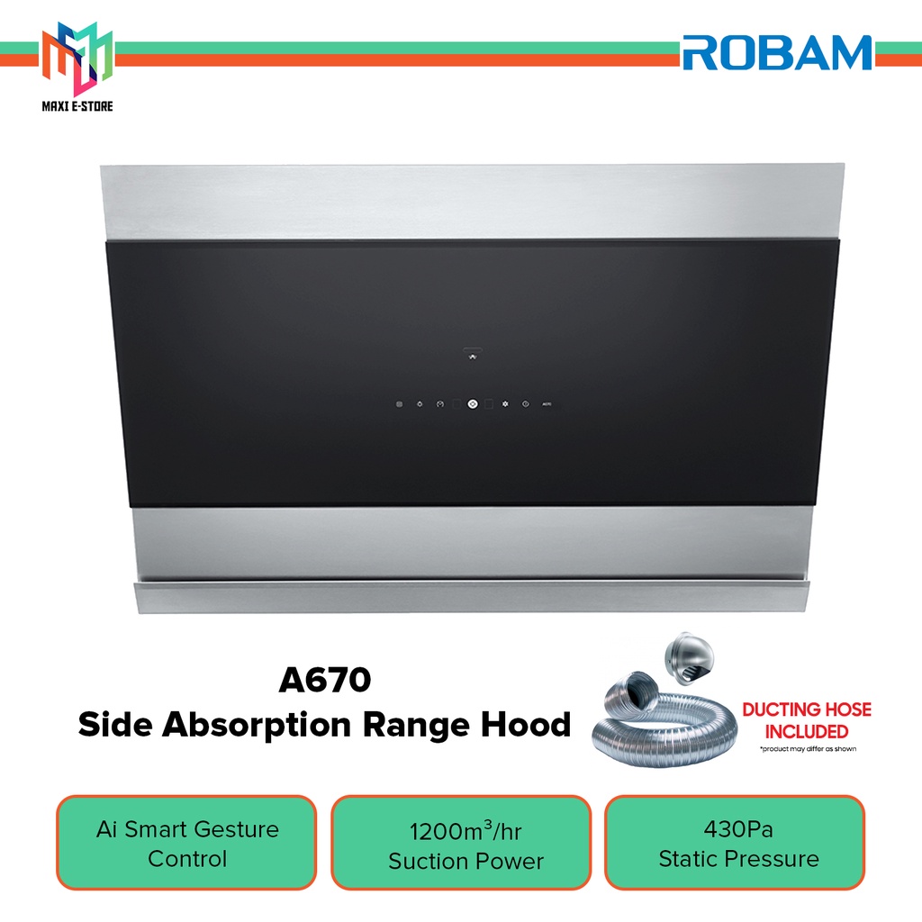 Robam A670 Side Absorption Range Hood 90cm 1200m³/h Power Suction with ...
