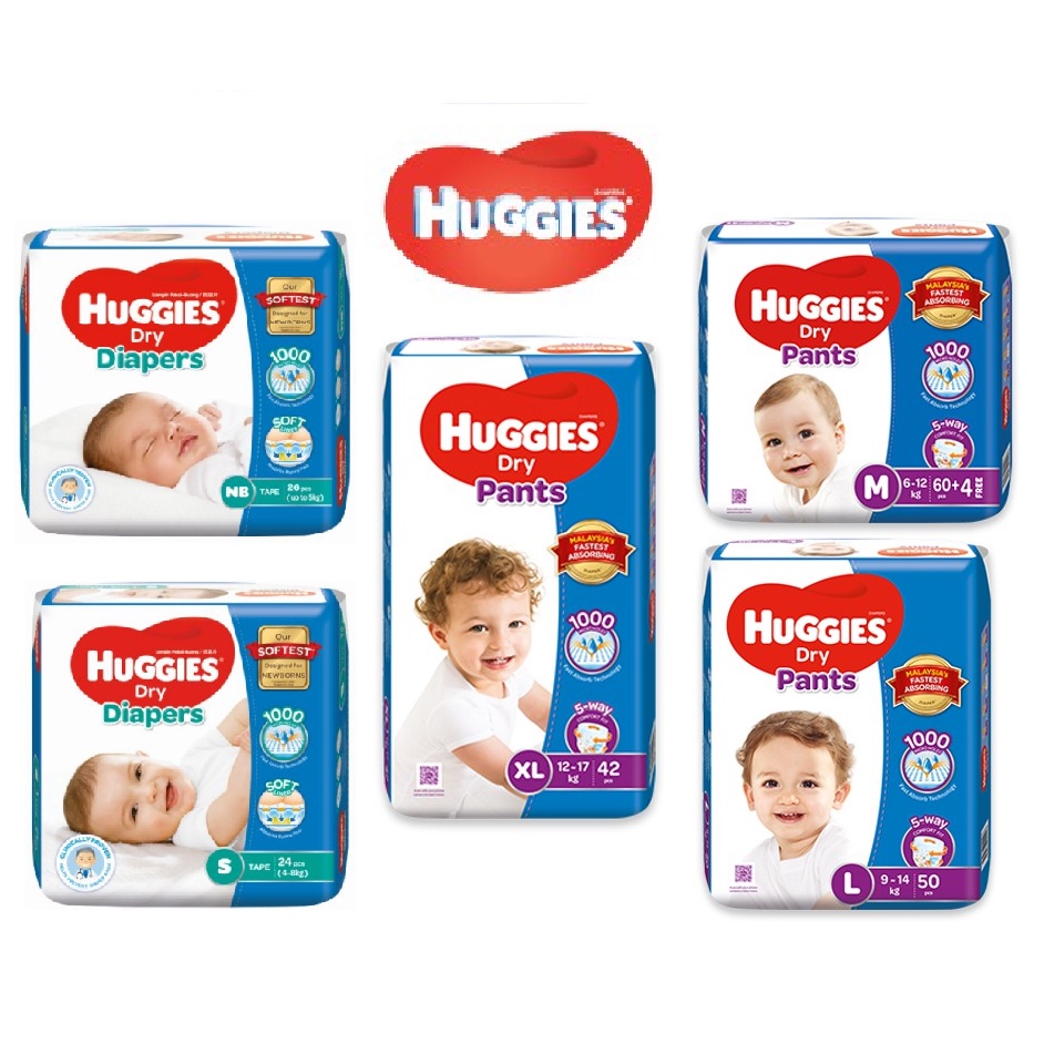 HUGGIES DRY HUGGIES DIAPERS TAPES / PANTS NB/S/M/L/XL | Shopee Malaysia