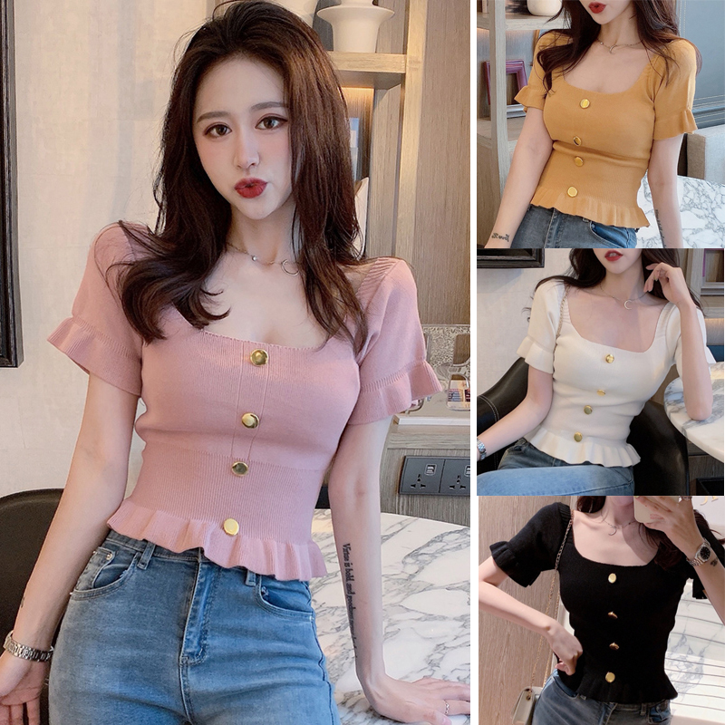 Women's Crop Tops Short Sleeve Shirt Korean Elegant Knitted Top Fashion ...