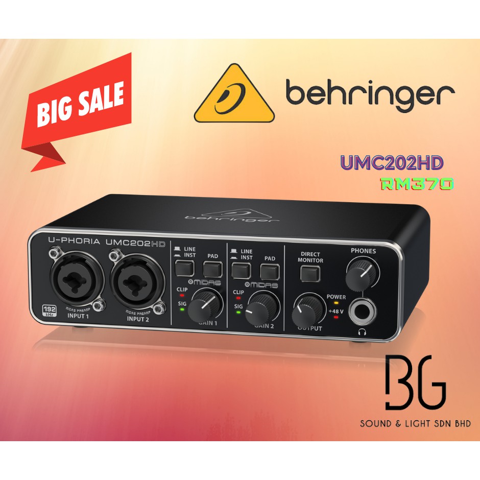 Behringer UMC-202HD 2 X 2 USB Audio Interface with MIDAS Mic Preamps ...
