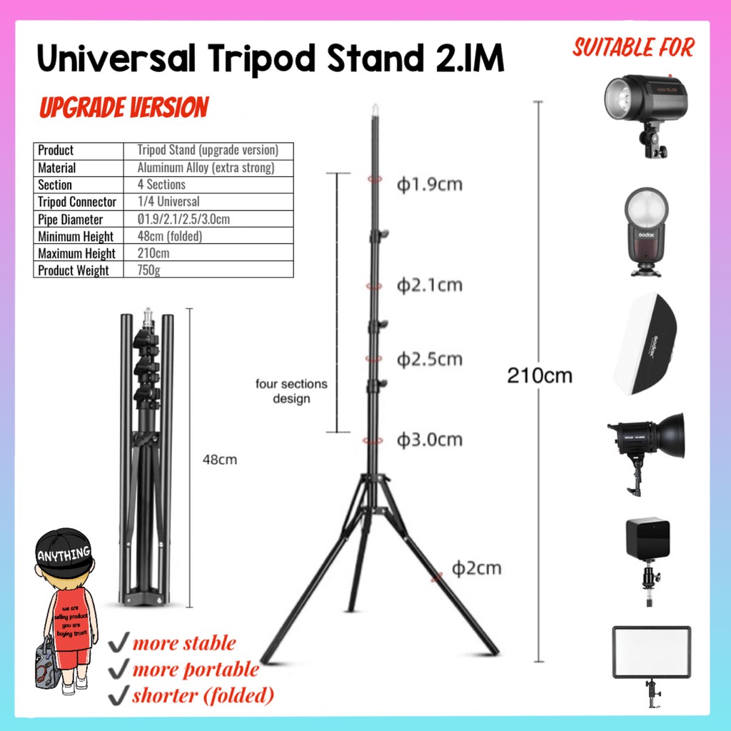 Universal Tripod Stand 2.1m Professional Adjustable Light Stand Tripod ...