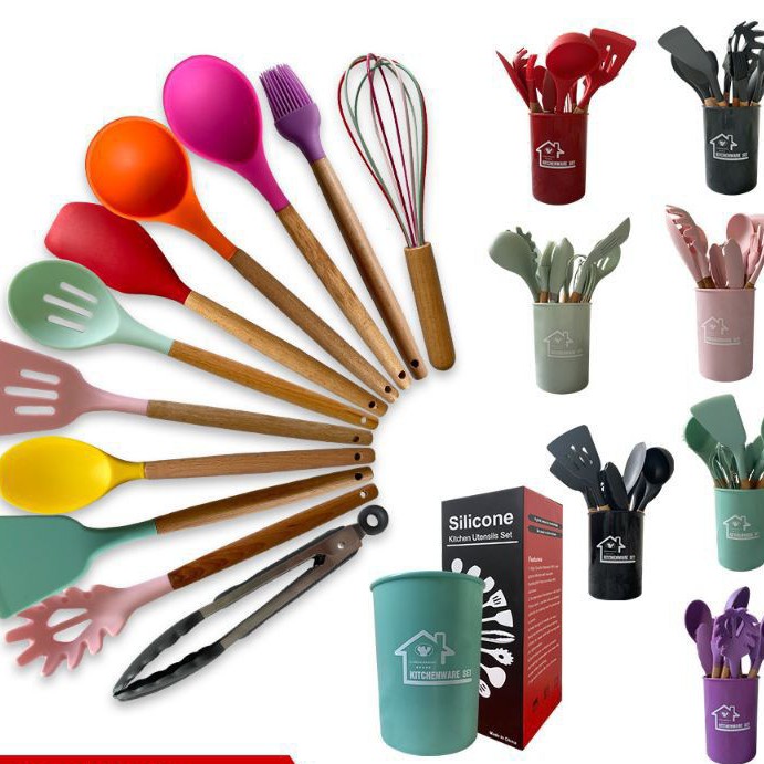 Wooden handle silicone kitchenware 11 piece set storage barrel non ...