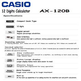 Casio 12 Digits Calculator AX-120B AX120B AX 120B Metal Faceplate Extra Large Display (Original ...