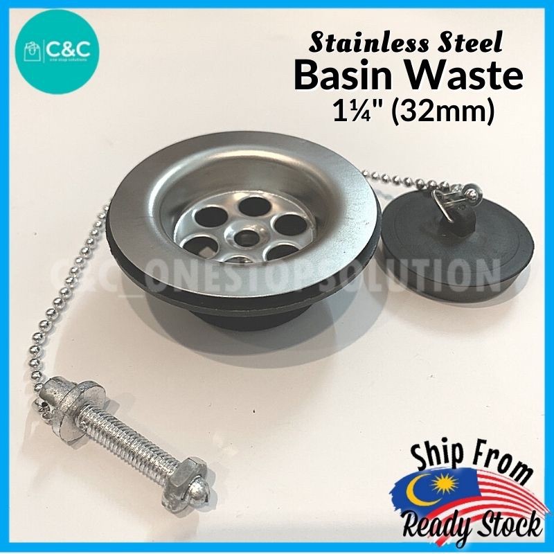 BRANDED Stainless Steel Basin Waste Plug and Chain Set 1¼" 32MM / 1 1/2 ...