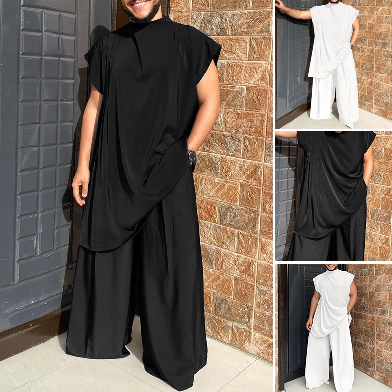 XMAN Fashion Men Muslim Arabic Pleated Vest + Loose Pants Sets Soft ...