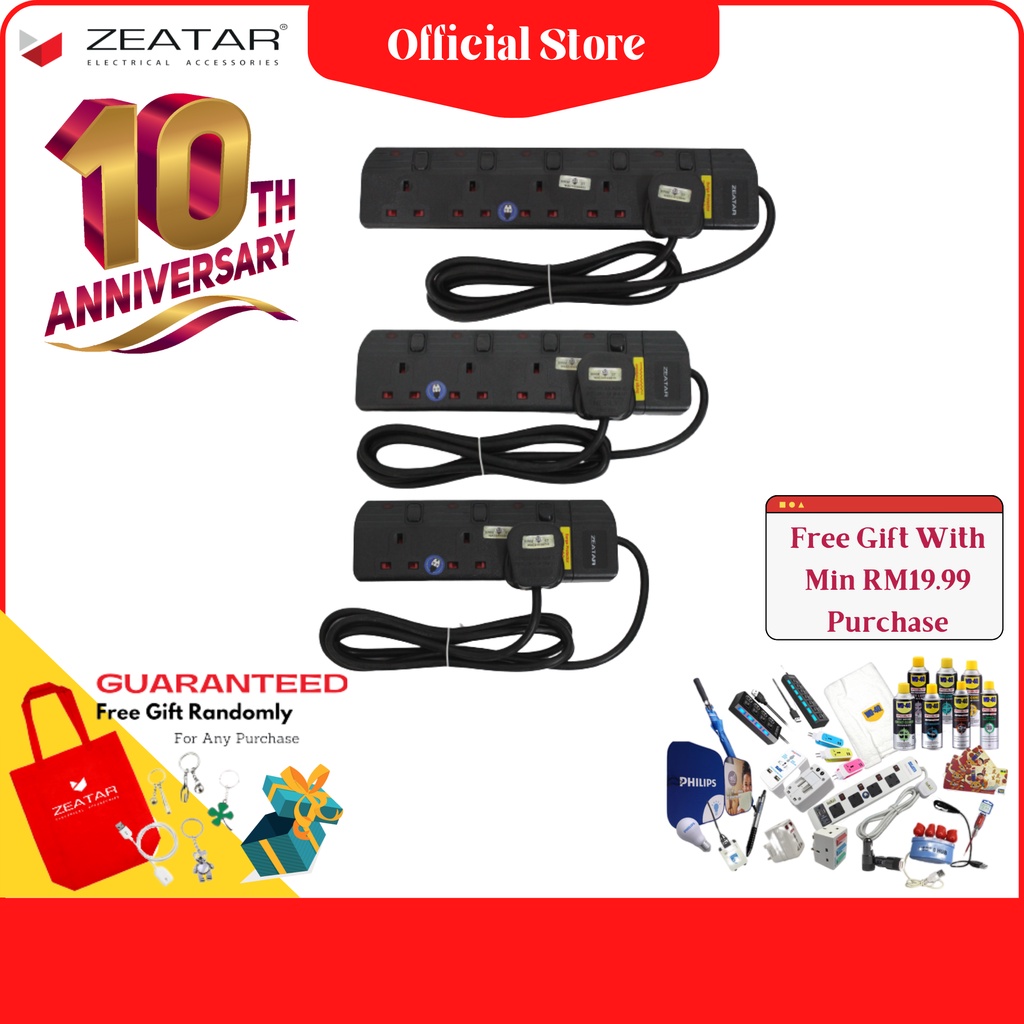 Zeatar Standard 3 Pin Portable Extension Trailing Socket Surge Protector 3 4 5 Way 2 Meters
