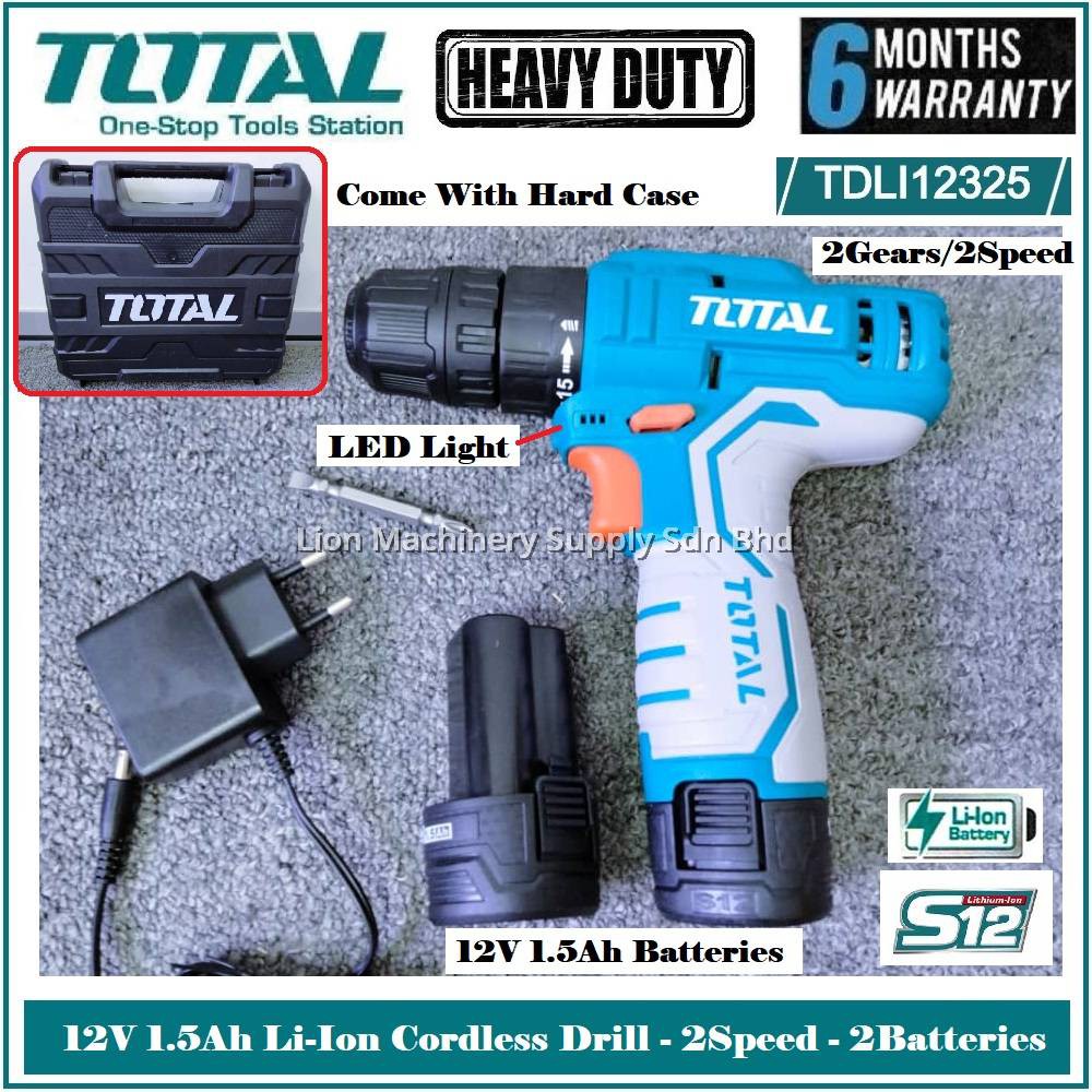 TOTAL 12V 1.5Ah Li-ion Cordless Drill TDLI12325 - 2 Speed - 2 Batteries ...