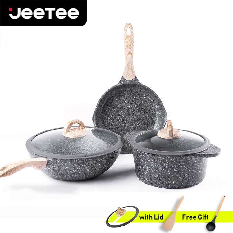 JEETEE 3 Piece Marble Stone Non Stick Cookware Set (30CM Wok+24CM Soup ...