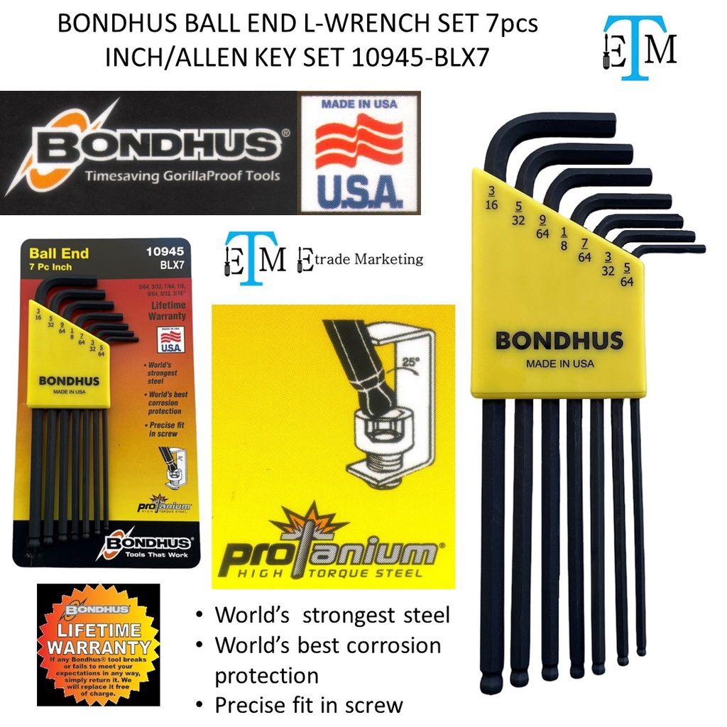 BONDHUS 10945-BLX7 BALL END L-WRENCH SET 7pcs INCH/ALLEN KEY SET (MADE ...