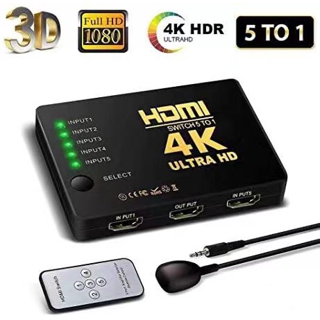 Hdmi Switch Ultra HD 4K Intelligent 5 Port HDMI Switcher Remote Control ...