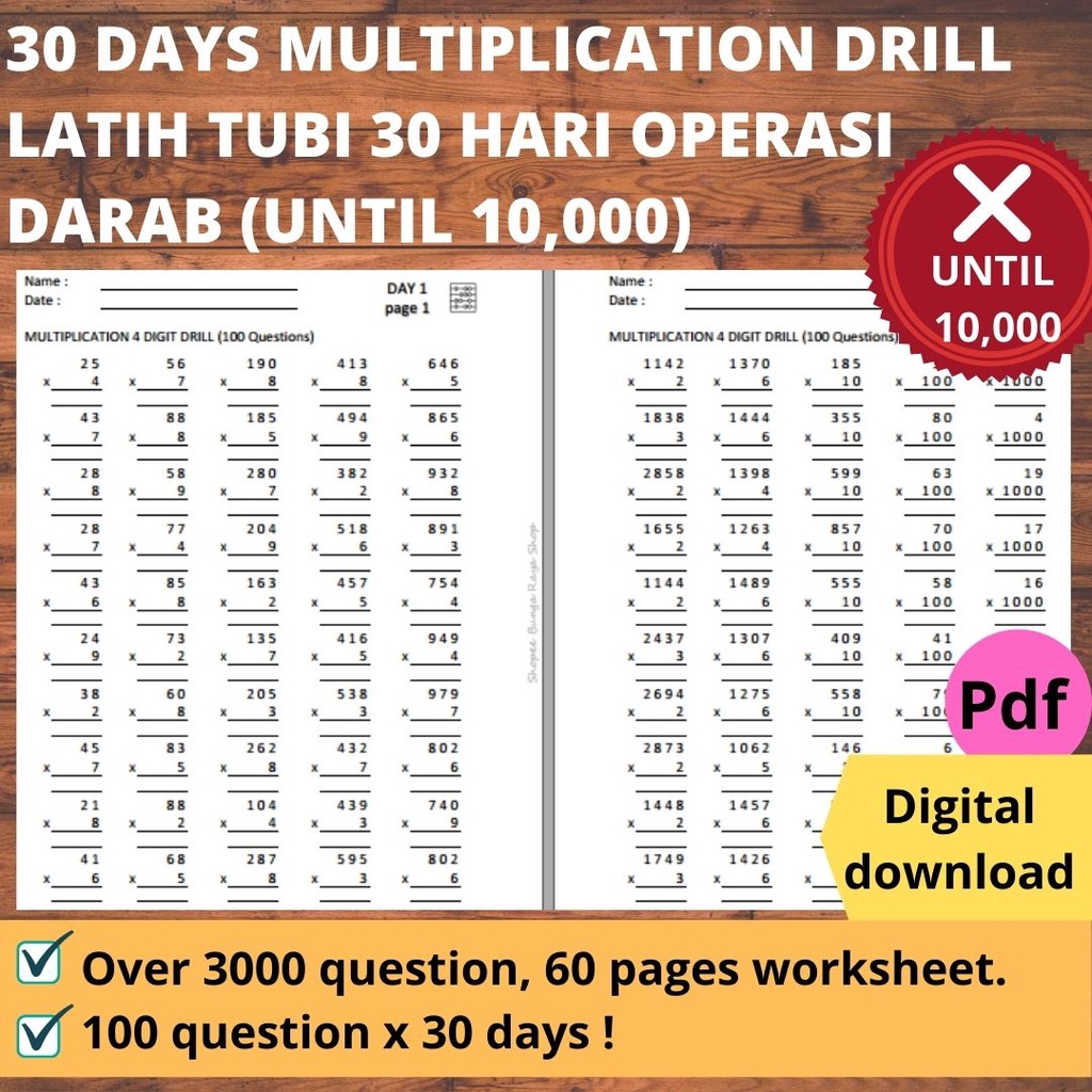Printable Math Workbook Buku Matematik Latih Tubi 30 Hari Operasi Darab