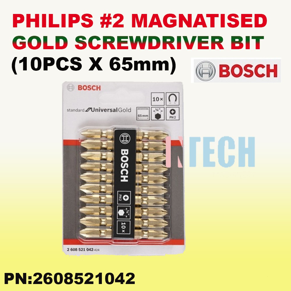 BOSCH PHILIPS #2 MAGNETISED GOLD SCREWDRIVER BIT (10Pcs x 65mm) P/N ...