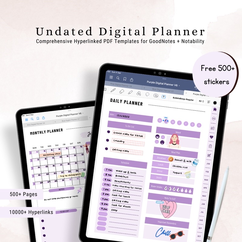UNDATED Digital Planner Aesthetic Purple Version with hyperlinked tabs ...