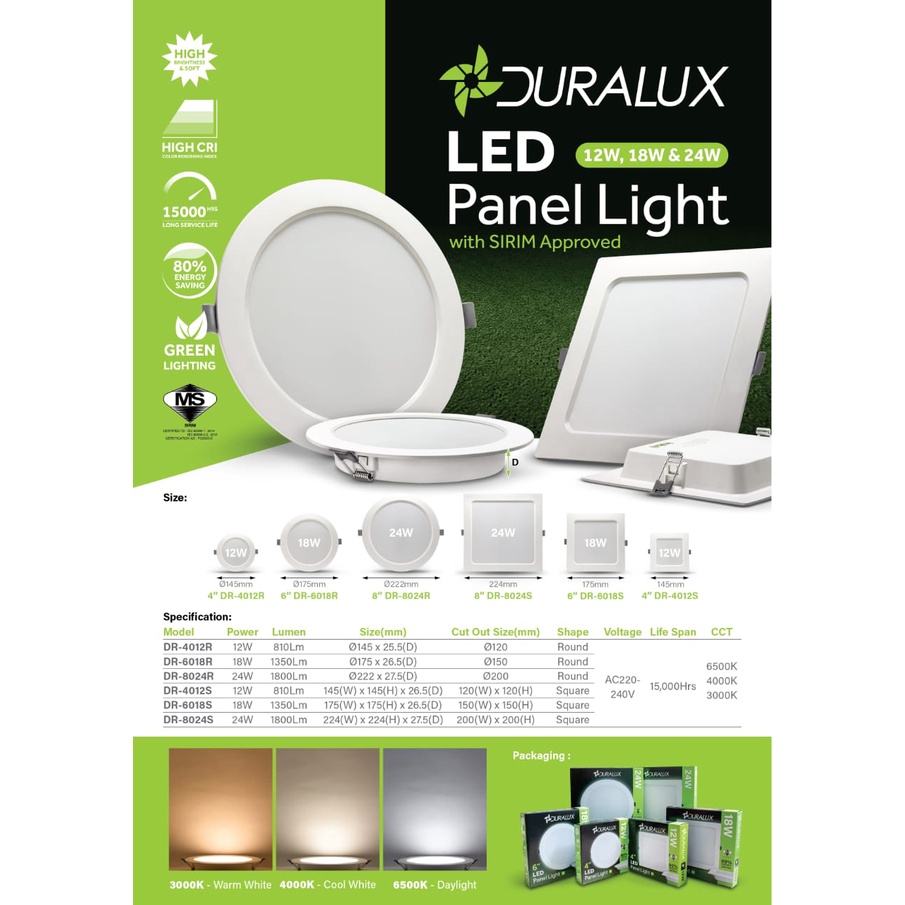 DURALUX LED PANEL DOWNLIGHT WITH SIRIM 6" 18W DAYLIGHT / WARM WHITE ...
