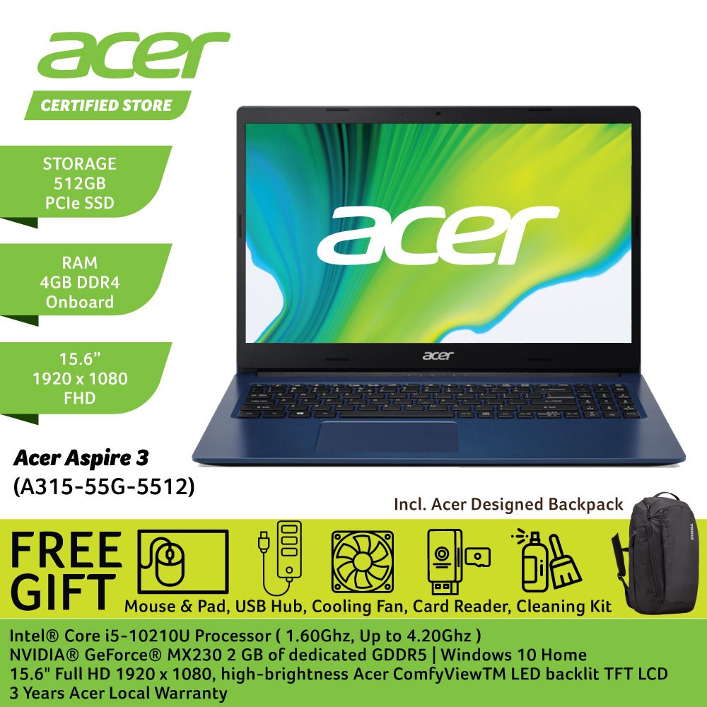 Acer Aspire 3 A315-55G-5512 15.6" FHD Laptop Indigo Blue ( I5-10210U, 4GB, 512GB, MX230 2GB, W10 ...