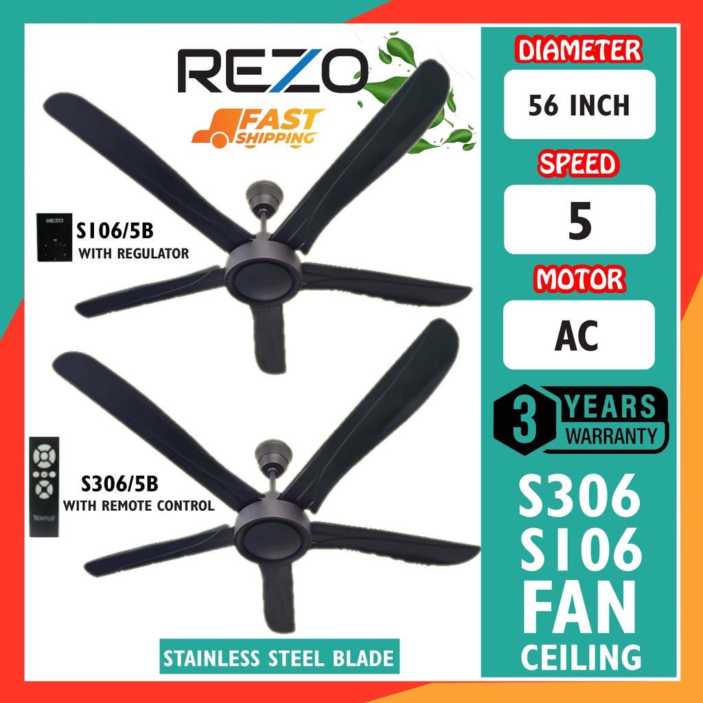 REZO S106 / S306 56” CEILING FAN 5 BLADE Regulator/Remote control ...