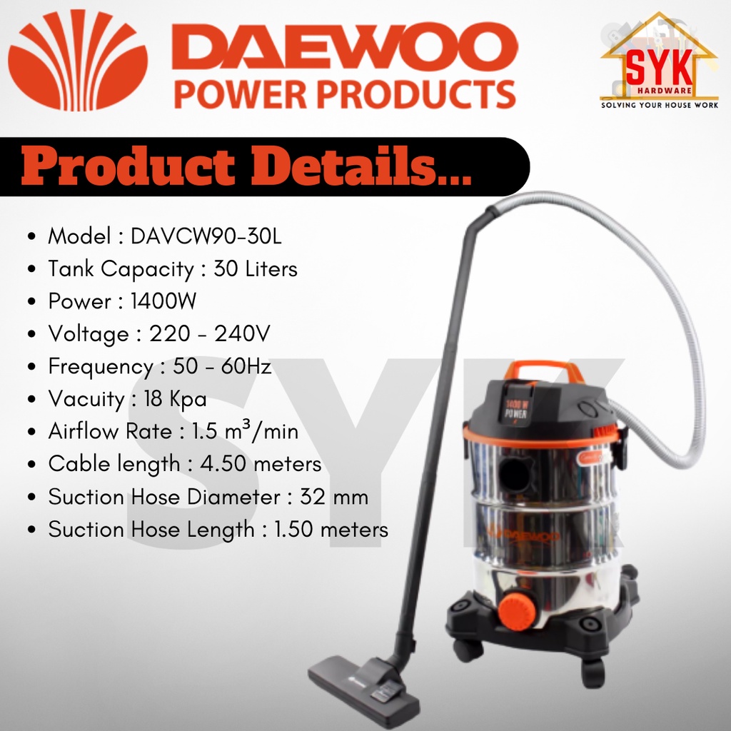 SYK Daewoo DAVC/DAVCW90-30L 30L 1400W Corded Wet and Dry Vacuum ...