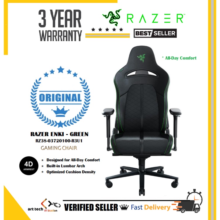 Razer Enki Green - All-Day Gaming Comfort Chair | Built-in Lumbar Arch ...