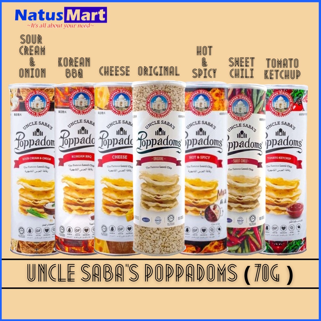 Uncle Saba's Poppadoms Halal Lentil Chip 70g (ORI/SWEET CHILLI/CHEESE/KETCHUP/KOREAN BBQ/HOT ...