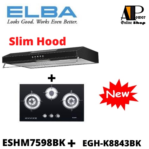 (AUTHORISED DEALER) Elba Cooker Hood ESH-M7598 (BK) 1140rpm + Elba Glass Hob 3 Burner EGH-K8843 ...